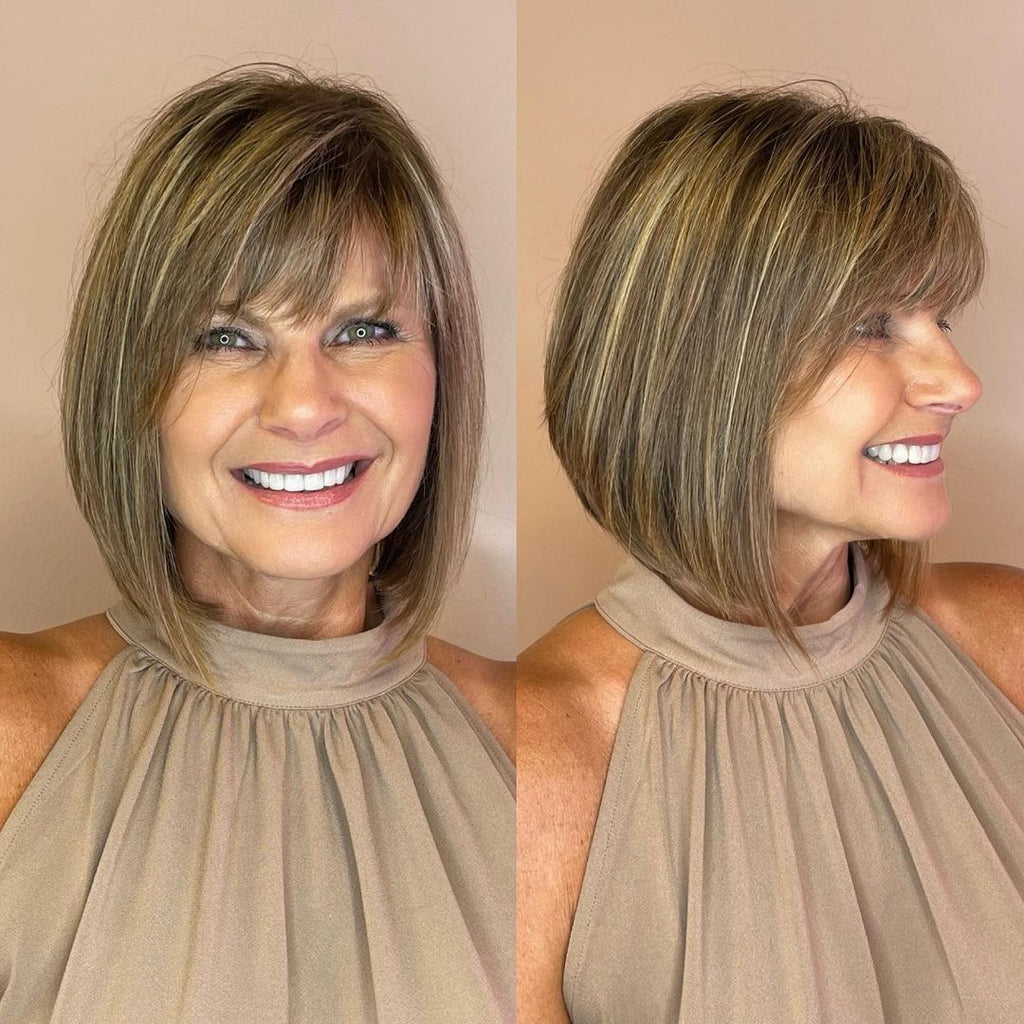 Highlighted Inverted Bob Wigs with Bangs for Women Caucasian 100% Huma ...