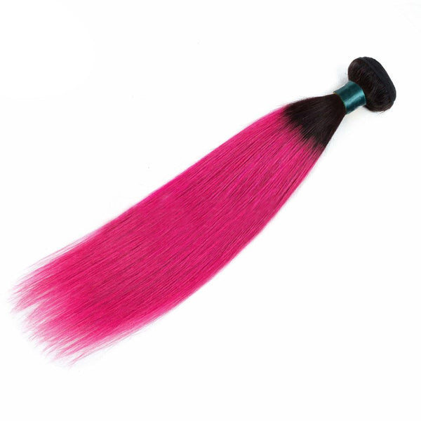 SULMY Hot Pink Hair Weave 1 Bundle Pink Straight Human Hair Dark Roots
