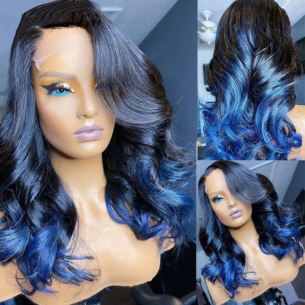 Midnight Blue Wigs with Dark Roots 100% Human Hair – SULMY
