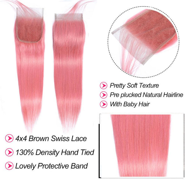 SULMY Pink Bundles With Closure Straight Light Pink Hair Weave With Cl