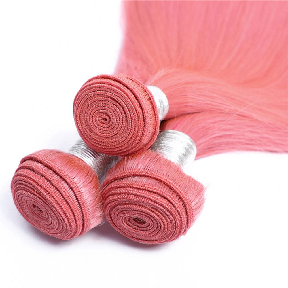 SULMY Pink Bundles With Closure Straight Light Pink Hair Weave With Cl