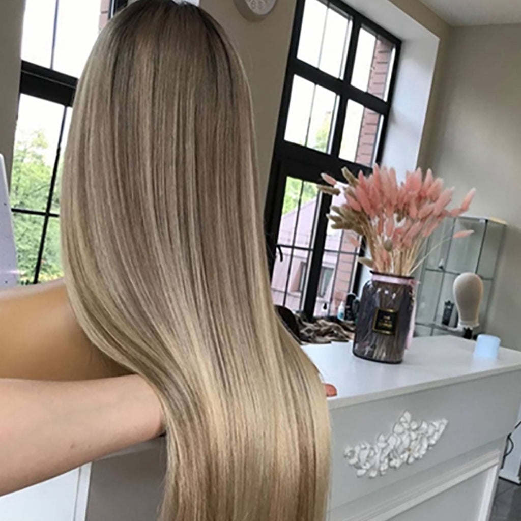 Ombre Ash Blonde Highlights Human Hair Wigs with Dark Roots – SULMY
