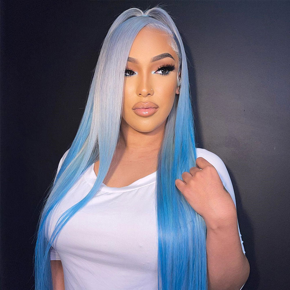 Silver Gray Human Hair Wig With Blue Underneath – SULMY